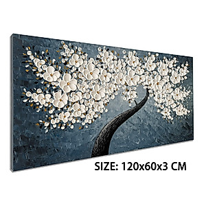 zoinart Hand Painted 3D Floral Oil Paintings on Canvas 48x24 Inches Abstract White Flower Modern Large Canvas Wall Art Contemporary Tree Art Texture Artwork Home Decorations