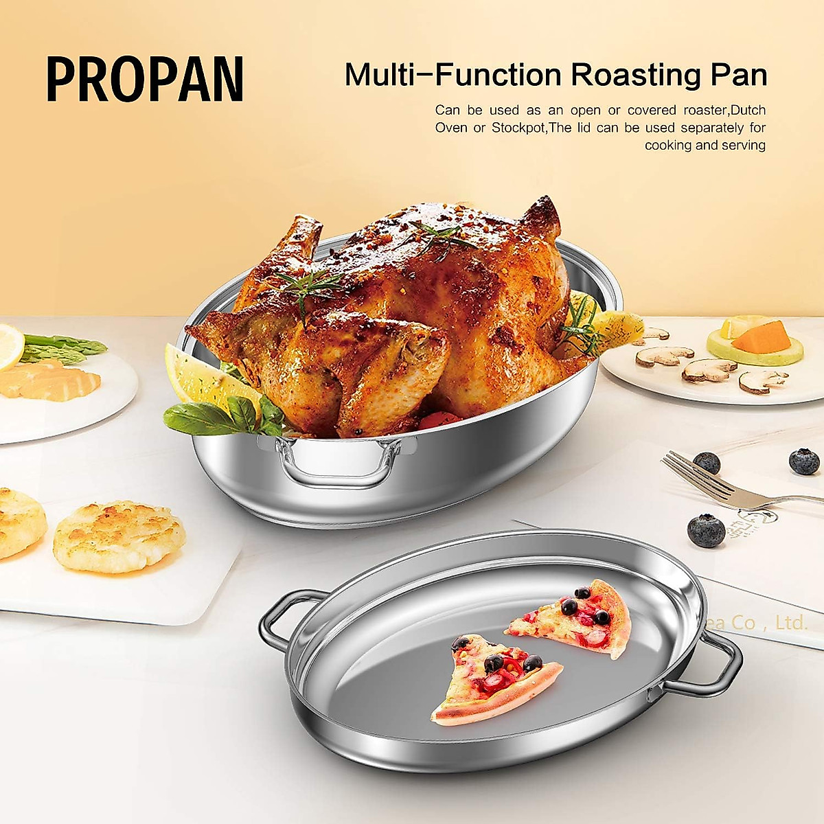 PROPAN Roasting Pan with Rack and Lid 12 Quart,18/10 Stainless Steel Multi-Use Oval Dutch Oven, Induction Compatible Dishwasher/Oven Safe Turkey Roaster,17 Inch