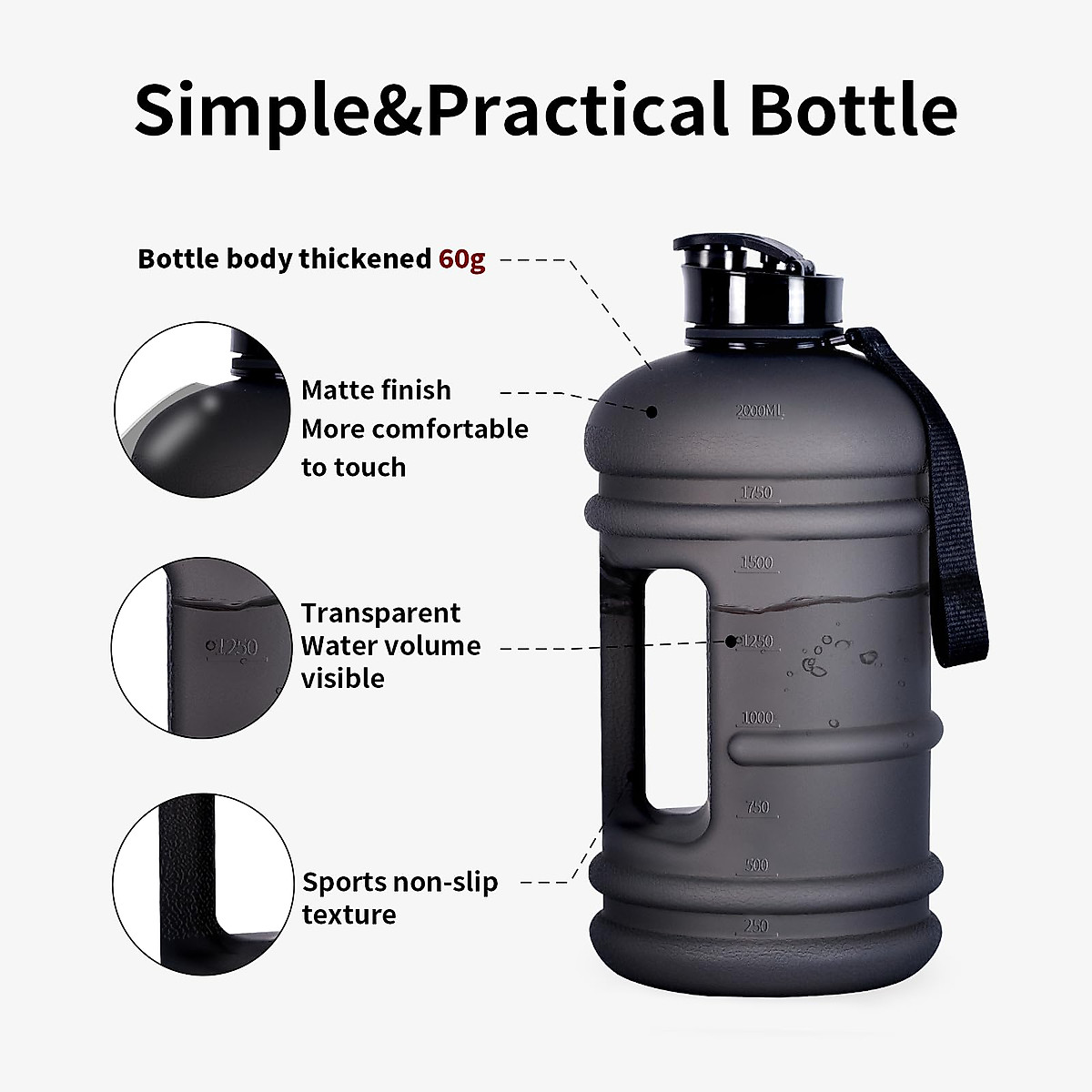 TOOFEEL 2 Liter Water Bottles - Half Gallon Water Bottle BPA Free - Ideal for Gym, Big Water Jug, Reusable Sports Bottle with Measurements Marked Drink Container - 2.2L 74oz Black Half Gallon Bottle