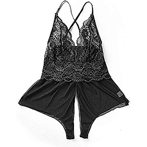 Women Lingerie Sheer Lace Mini Babydoll Teddy Sexy Bodysuit Backless Sleepwear (XXXL, Black)
