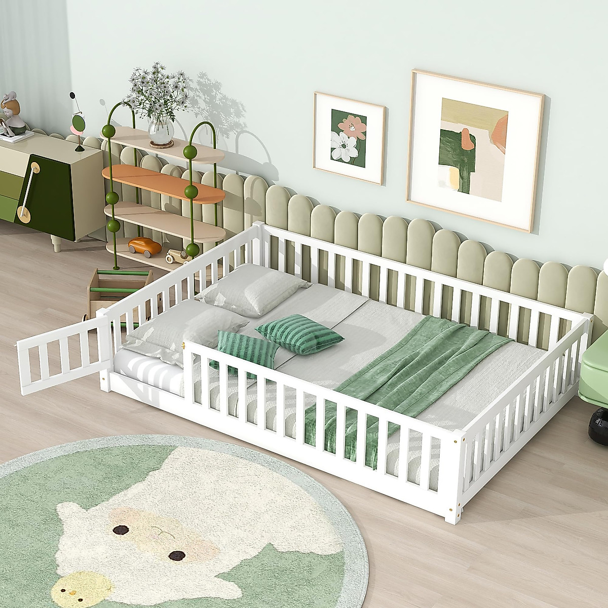 UOCFYK Full Size Floor Bed with Fence and Door for Kids Bedroom,Montessori Wood Floor Bedframe for Boys, Girls,Easy to Assemble,No Box Spring Needed,White