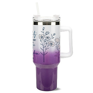 Elanze Designs Serenity Prayer Lord Grant Me Flowers 40 oz. Stainless Steel, Large Water Bottle Coffee Mug, Spill & Leak Resistant, Thermal Travel Tumbler with Handle, Lid & Straw, White/Purple