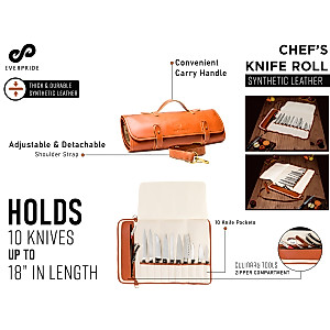 Chef Knife Bag by EVERPRIDE – Knife Roll Holds 10 Knives up to 18” PLUS Pocket for Cooking Tools – Durable Knife Carrier for Chefs and Culinary Students – Knives Not Included