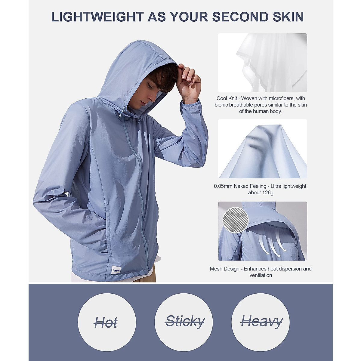 BENEUNDER UPF 50+ Outdoor Jackets Unisex, Full Zip-Up Lightweight Quick-Dry Jacket for Hiking Cycling Water Sports(Darkgray 170/92A)