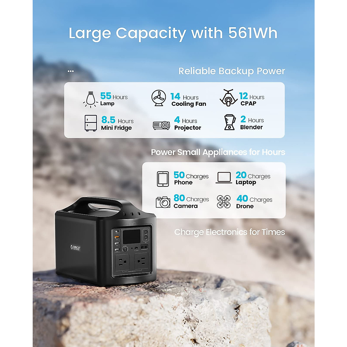 ORICO Portable Power Station 500w/ 650w Peak, Solar Battery Generator, 561Wh Backup Power Supply, 110V AC Output/60W PD for Camping, Trip, CPAP, Emergency and More