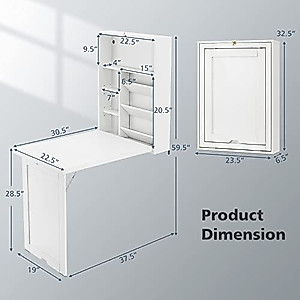 GOFLAME Wall Mounted Desk, Folding Floating Desk with 3-Tier Tilt Storage Partition and Adjustable Shelves, Space-Saving Fold up Desk Laptop Desk, Convertible Writing Desk for Home Office (White)