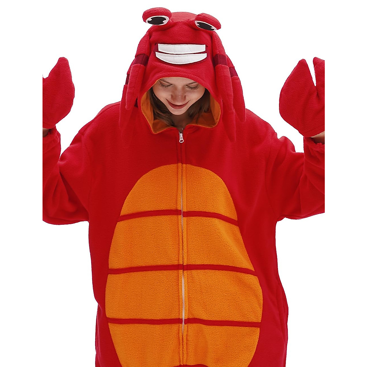 Crab Onesie Adult Red Crab Pajamas Animal Pajamas Halloween Cosplay Costume Polar Fleece Sleepwear Homewear