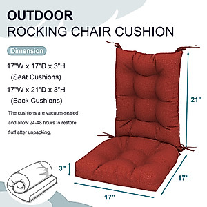 DYTXIII Pack of 2 Rocking Chair Cushion Set with Seat & Back,Water Repellent Patio Tufted High Back Seat Cushions with Ties for Indoor Outdoor Porch Rocker(21"x17"Back,17"x17"seat,Brick Red)