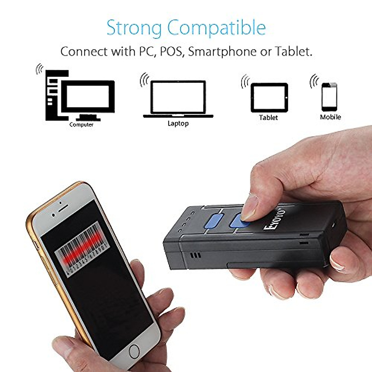 Portable Bluetooth Barcode Scanner Wireless, Eyoyo 2877 CCD Mini Handheld CMOS UPC Barcode Reader Compatible for POS, iPad, iPhone, Android Phones, iOS Work for Store, Book, Library Inventory