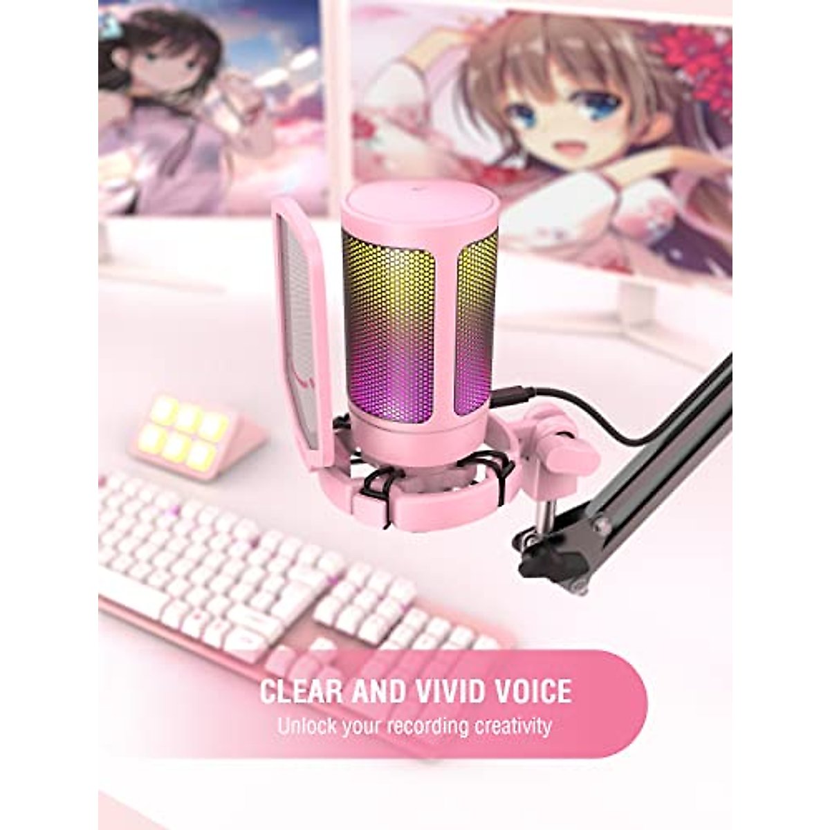 FIFINE USB Gaming PC Microphone for Streaming Podcasts, AmpliGame RGB Computer Condenser Desktop Mic, Cardioid Pattern for YouTube Video, Plug and Play on PS4 PS5, with Quick Mute, Mic Gain-A6V Pink