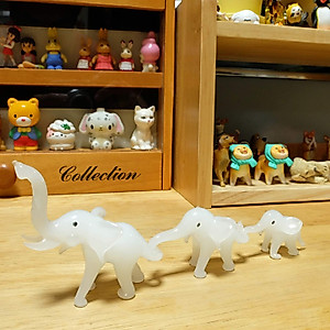 Handmade Set 3 Mini White Glass Elephant Blown Glass Art Wild Animal Collectible Figurines Figures Cool Stuff Ornament Miniature Gift Ideas for Anniversary Birthday Wedding Home Room Garden Decor No.2