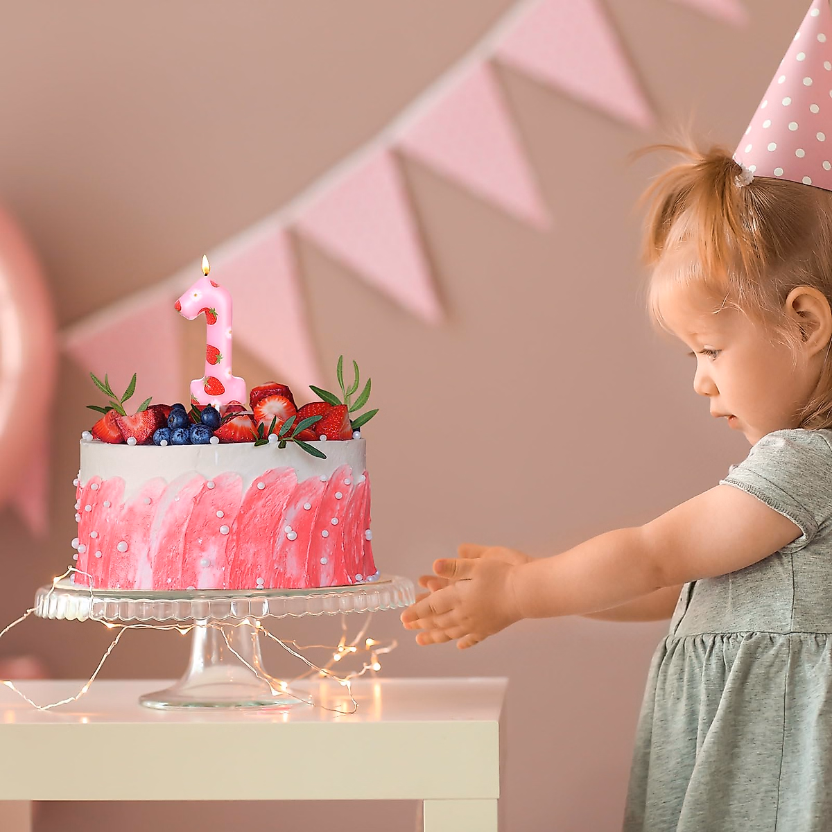 Conelist Berry 1st Birthday Number Candle Pink Cake Topper with Strawberry Happy Birthday Strawberry Cake Candle for Fruit Baby Shower Kids 1st Strawberry Theme Birthday Cake Decoration for Party