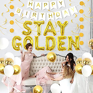 Stay Golden Birthday Party Decoration Happy Birthday Banner Decoration Happy Golden Birthday Cake Topper Stay Golden Balloons Sash for Boy Girl Adults Gold Hanging Swirl Circle Dots Garland Decor