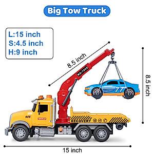 haomsj Big Tow Trucks Toy Trucks with Hook and Car for Boys Pull Back Truck Toys with Light and Sound for Kids (1:18 Plastic Tow Truck)