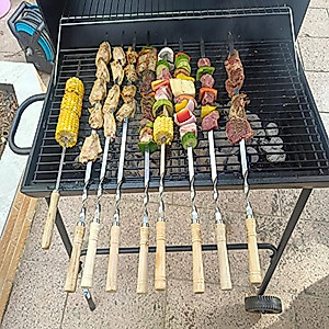 Large Size Kabob Skewers 22 inch Flat Metal BBQ Barbecue Skewer Wooden Handle Stainless Steel Shish Kabob Stick Wide Reusable Grilling Set Meat Shrimp Chicken Vegetable Kebab Fork Sausage-12PCS