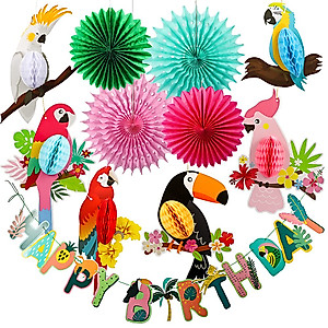 PAMISO Tropical Birds Party Supplies, Hanging Parrot Paper Honeycomb Decorations Paper Cutouts for Happy Birthday/Hawaiian/ Rainforest /Summer Party