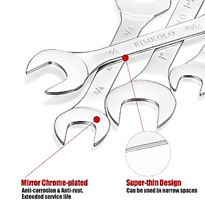 RIMKOLO Super-Thin Open End Wrench Set, 16-Piece SAE & Metric 3/8" to 1-1/4" and 5.5mm to 27mm Chrome Vanadium Steel Wrench Set with Rolling Pouch