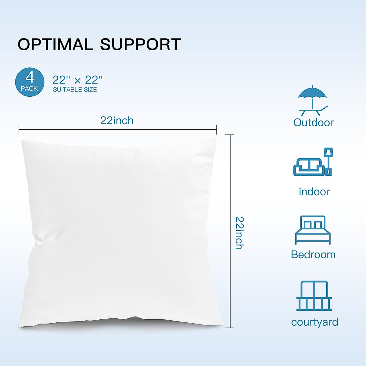 Fixwal Outdoor Pillow Inserts, 22 x 22 Inch Waterproof Pillows Inserts, 4 Pack Pillow Form for Patio, White