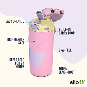 Ello Ellies 12oz Vacuum Insulated Stainless Steel Kids Water Bottle with Straw and Built-in Carrying Handle and Leak-Proof Locking Lid for School Backpack, Lunchbox and Outdoor Sports, Unicorn