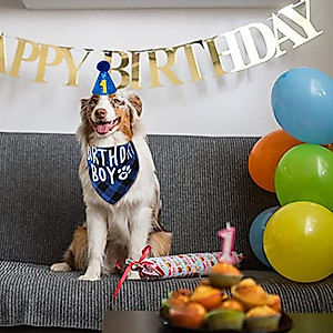 FLYSTAR Dog Birthday Bandana with Hat and Number - Plaid Cute Doggy Bandana for Small Medium Large Dogs Boy- Blue Triangle Scarf Bibis Party Dog Outfits