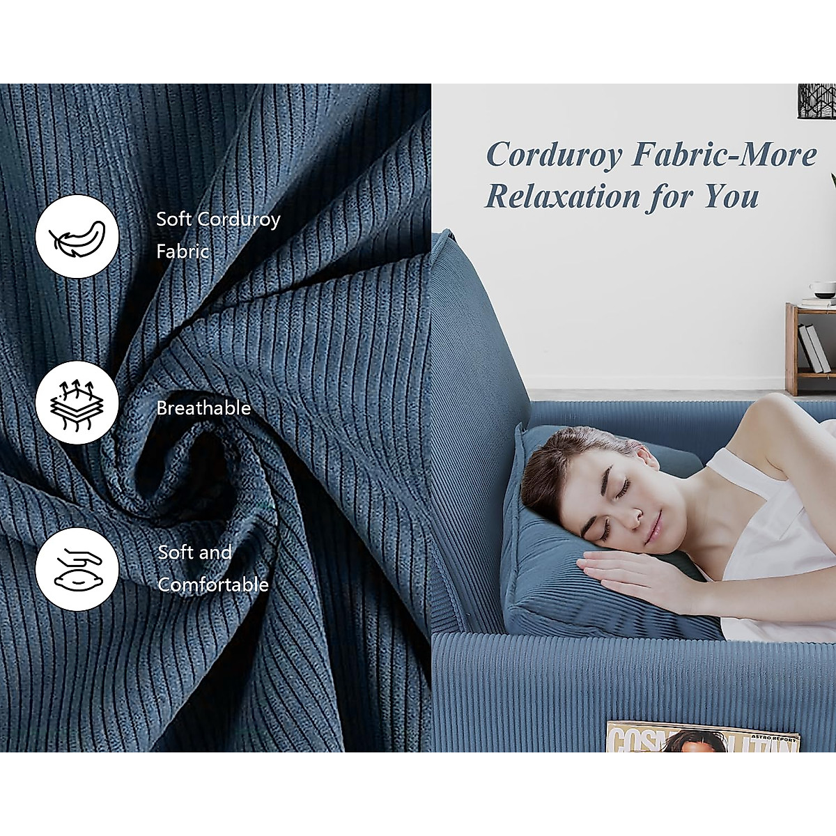 SEJOV Convertible Sofa Bed, 3 in 1 Couch Pull-Out Bed, Loveseat Sleeper Sofa Bed with 3 Adjustable Backrest, Recliner with Throw Pillow, Small Space for Living Room, Apartment, Bedroom, Blue