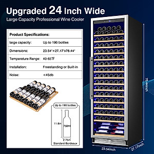 Velieta Upgraded 190 Bottles Wine Cooler Refrigerator,24 Inch Wide Wine Fridge with Professional Temperature Control System, Freestanding or Built-in installation, Quiet Operation