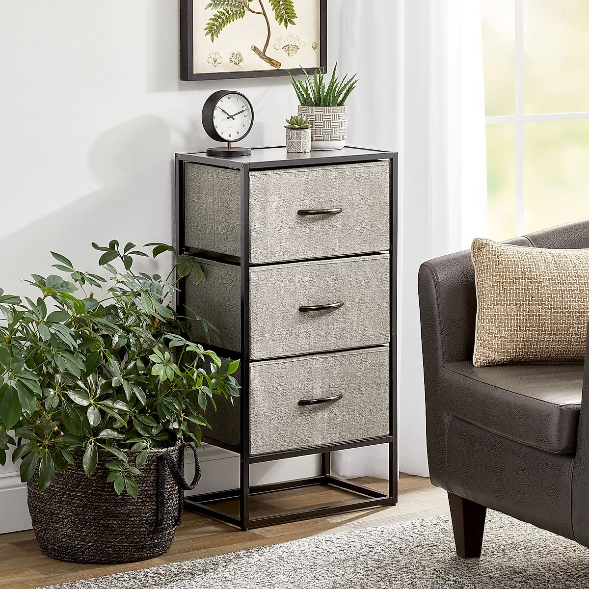 mDesign Modern 3-Drawer Dresser Storage Tower - Sturdy Steel Frame, Wood Top, Wood Handles/Fabric Bins - Organizer Unit for Bedroom, Hall, Entryway, Closets - Margot Collection - Black/Graphite Gray