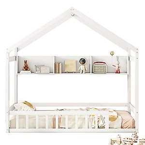 Harper & Bright Designs Twin Size House Bed with Storage Shelf, Wood Twin Montessori Bed for Kids,Twin Floor Bed Frame with Rails and Roof for Girls, Boys,White