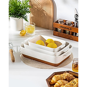 MALACASA Casserole Dishes for Oven, Ceramic Baking Dishes Set of 3, Baking Pan Casserole Dish Set, Rectangular Lasagna Pan Deep with Handles for Baking, Khaki White (14.5''/13''/10.5''), Series TARA