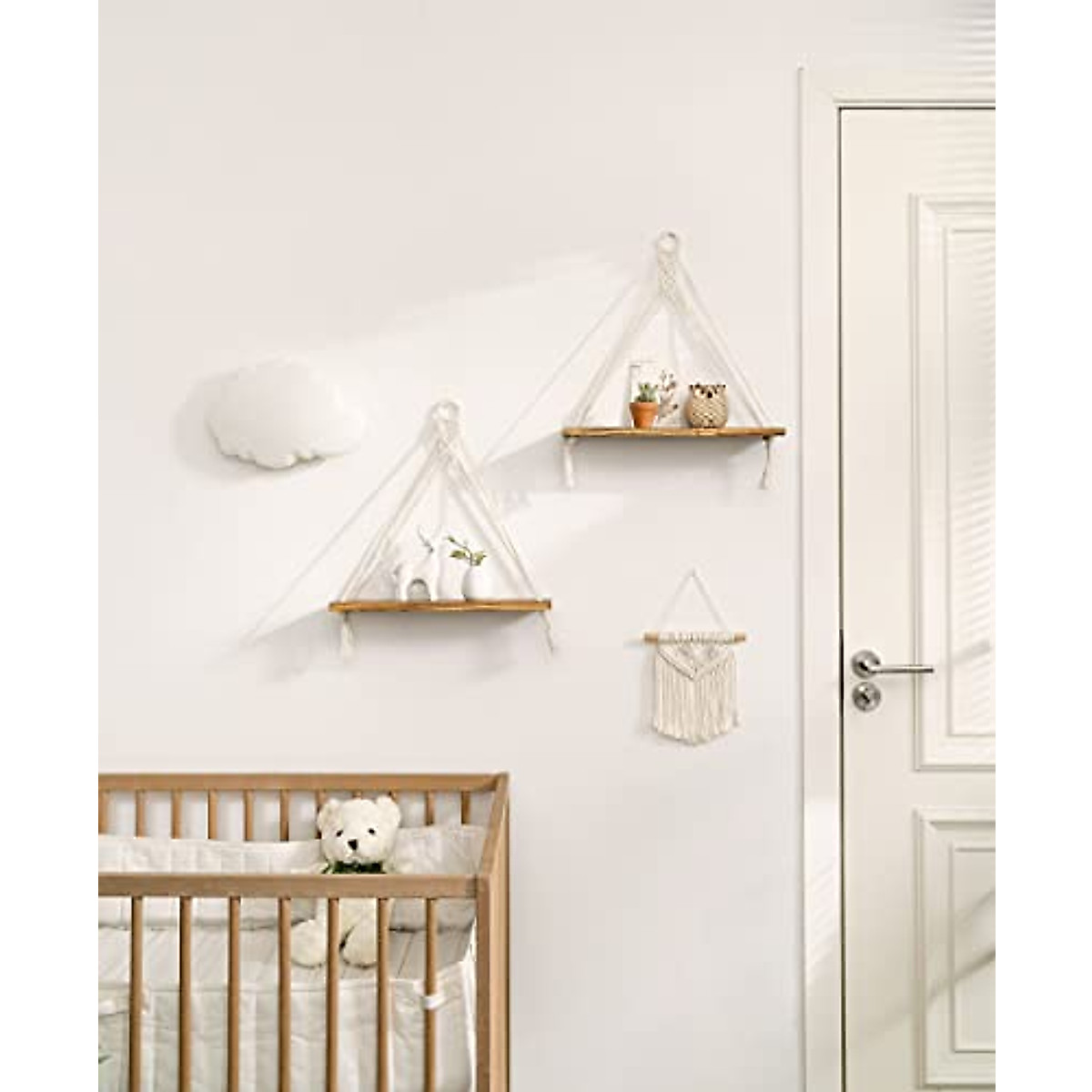 Mkono Macrame Hanging Shelves Boho Wall Decor Set of 2 Rustic Wood Floating Storage Shelf for Bedroom Bathroom Living Room Nursery Dorm Room, Display Shelving for Hanging Plants Photos