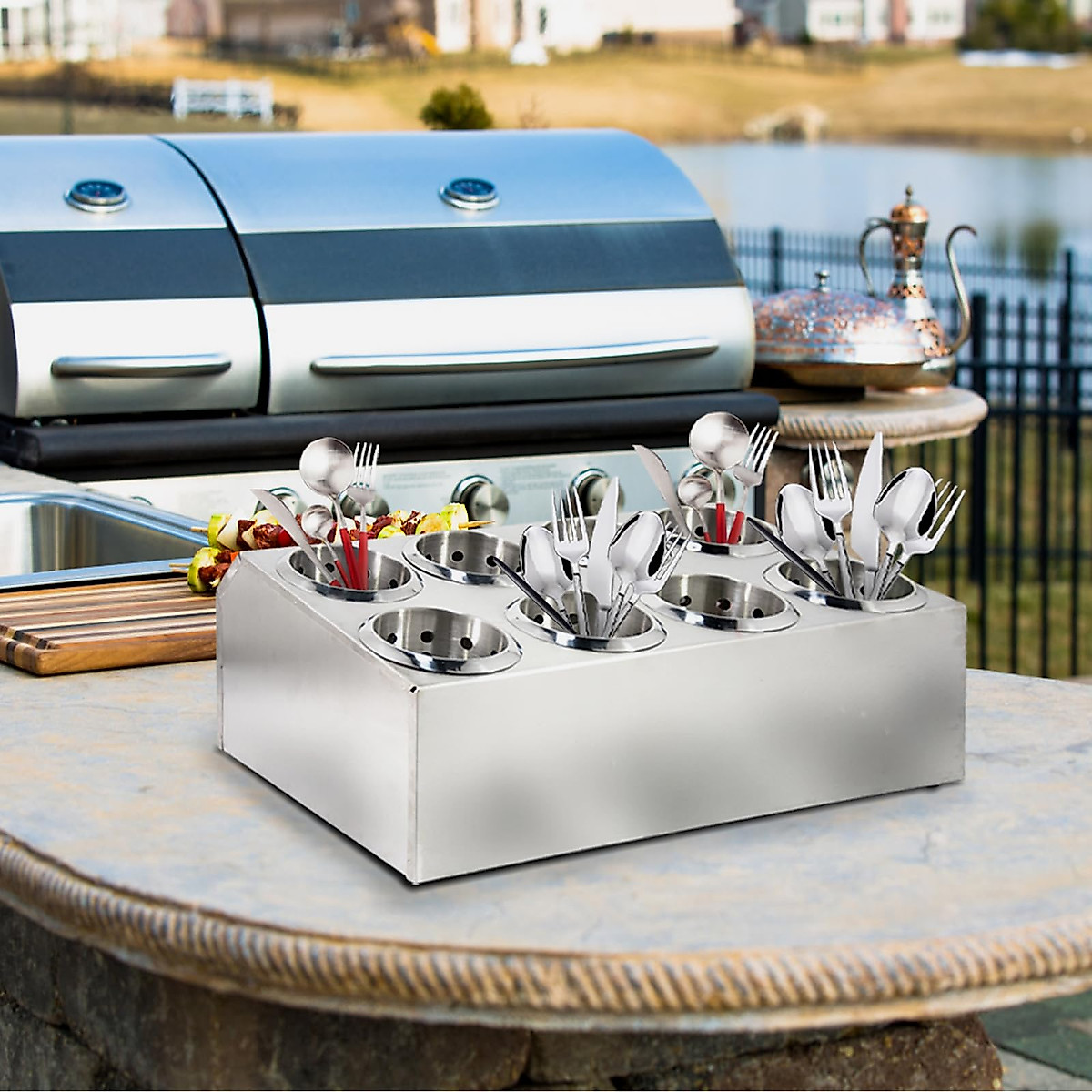 tonchean Stainless Steel Utensil Organizer, 8 Hole Commercial Silverware Caddy with Removable Cups, Restaurant Flatware Cylinder Holder Silverware Holder for Party