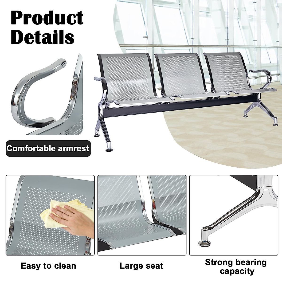 kinbor Waiting Room Chairs - Silver Reception Chairs, Waiting Room Bench for Clinic, 3 Seat Office Guest Chairs, Lobby Furniture for Hospital, Salon, Bank, Airport