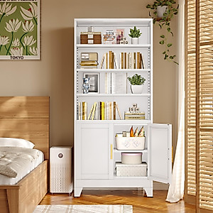 pozdeg 6 Tier Bookshelf and Bookcase, Metal Bookshelves with 4 Adjustable Shelves and 2 Doors, Floor Bookcase and Office Storage Cabinets for Office Study Livingroom Bedroom (White)