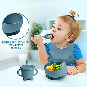 AYBABY Baby Led Weaning Supplies, 10 pieces Baby Feeding Set with Suction Divided Plate with lid, Bowl, Ergonomic Fork and Spoon, Sippy Cup, Bib and Teething feeder - (blue)