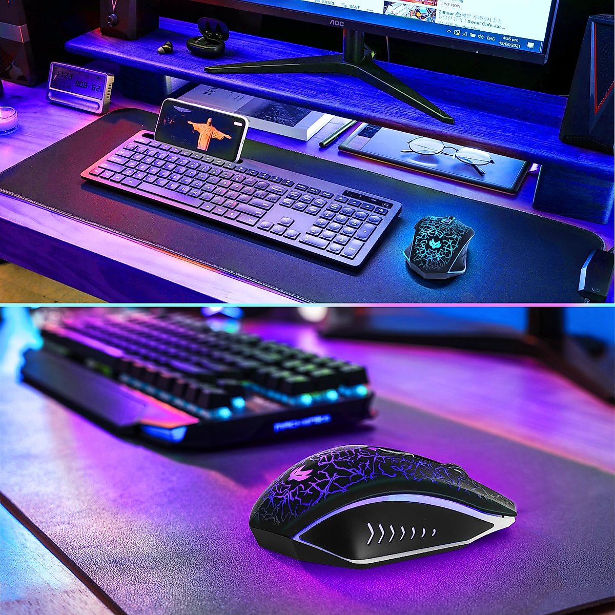 LuLabboard Wireless Gaming Mouse, Rechargeable Wireless Computer Mouse, 7-Color LED Light, Ergonomic Mouse with 6 Silent Click Buttons, 3 Adjustable 2400 DPI Wireless Mouse for Laptop,PC,Mac, Black