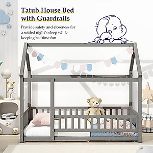 Tatub Twin House Floor Bed for Kids, Montessori Floor Bed with Rails, Floor Bed Frame with Roof, Wood House Bed for Girls & Boys, Twin-Grey
