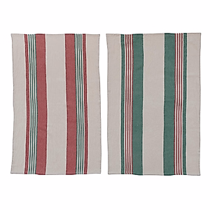 Creative Co-Op 28' L x 18' W Cotton Printed Tea Towels w/Stripes & Jute & Wood Bead Tie, Multi Color, Set of 2