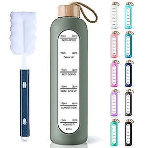 PROBTTL 32 Oz Borosilicate Glass Water Bottle with Time Marker Reminder Quotes, Leak Proof Reusable BPA Free Motivational Water Bottles with Silicone Sleeve and Bamboo Lid