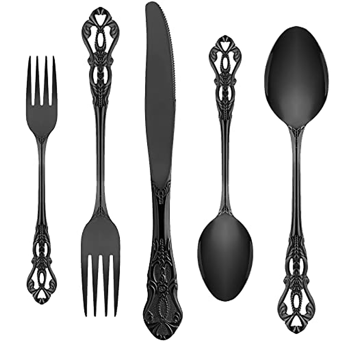 Black Silverware Set for 4, Stainless Steel Gorgeous Retro Royal Flatware Set, 20-Pieces Cutlery Tableware set, Kitchen utensils set Include Spoons And Forks Set, Mirror Finish, Dishwasher Safe