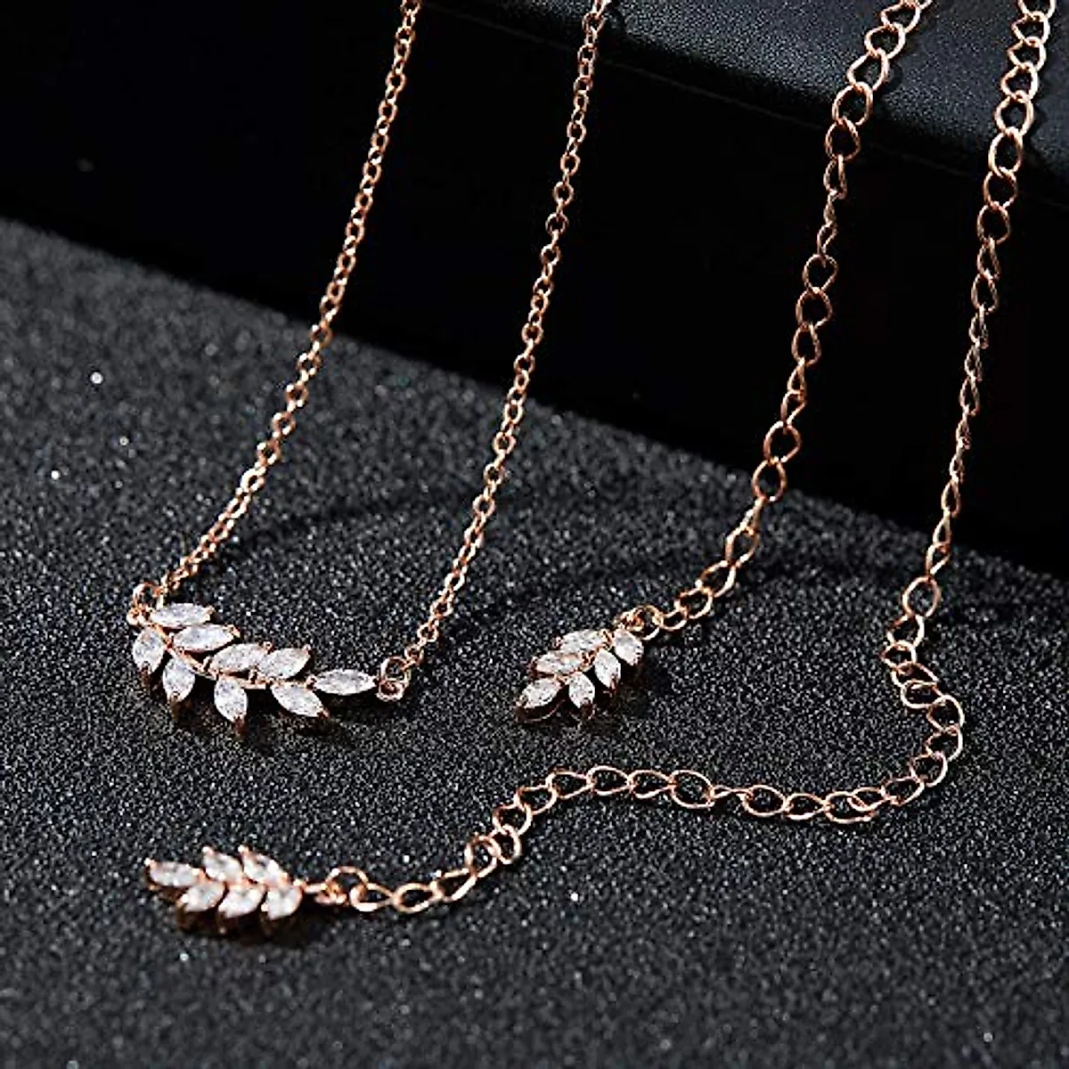 SWEETV Rose Gold Simple Wedding Back Necklace for Brides Bridesmaid, Bridal Backdrop Necklace, Crystal Leaf Chain Pendant Necklace for Women Prom