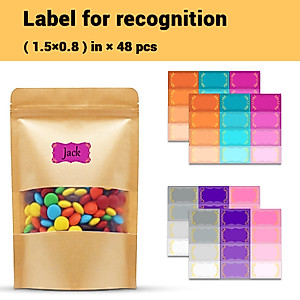 Kraft Bags With Window, 100 pcs 5.5" x 7.8", Stand Up Pouches, Sealable Bags for Packaging, Zip Lock Bags With Stickers and Spoon, For Cookie Bags/Candy Bags/Coffee Bags/Food Storage Bags (Brown)