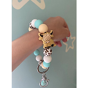 Lemua Cow Keychain Wristlet Cow Print Silicone Key Ring Bracelet Bead Keychain Cow Accessories for Women