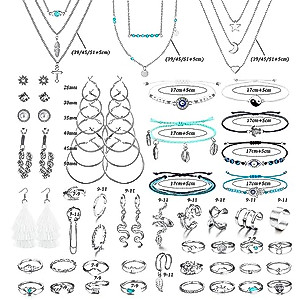 ORAZIO 52 Pcs Jewelry Sets for Women Layered Necklace Adjustable Braided Bracelets Set Dangle Stud Hoop Earrings CZ Stackable Knuckle Ring Set Fashion Ear Cuff Set Silver Gold Women's Jewelry Sets(Silver)