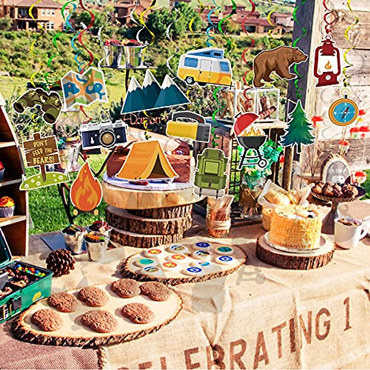 Camping Hanging Swirl Party Decorations 30 Pack Foil Ceiling Hanging Streams Party Supplies Banner Decor for Kids Camping Adventure Bear Birthday Celebrating Party Events Baby Shower Room Wall Decor