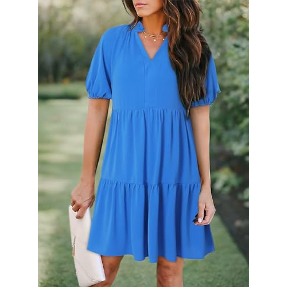 Dokotoo Womens 2023 Boho Spring Summer Dresses Flowy Casual V Neck Puff Short Sleeve Aline Short Mini Sun Dress Blue Medium