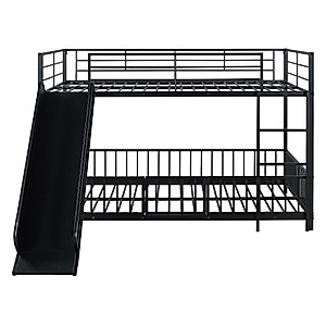 Unique Metal Bunk Bed with Slide and Fence, Bunk Bed with Ladder for Toddler Kids Teens (Black/Metal, Full Over Full)