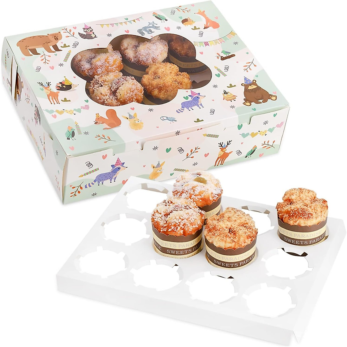 Hiceeden 20 Pack Cute Cupcake Boxes Hold 12 Count Cupcakes with Window, Paper Cupcake Containers with Detachable Inserts, Bakery Pastry Cake Carrier Holder, Cupcake Packaging Boxes for Muffins Storage