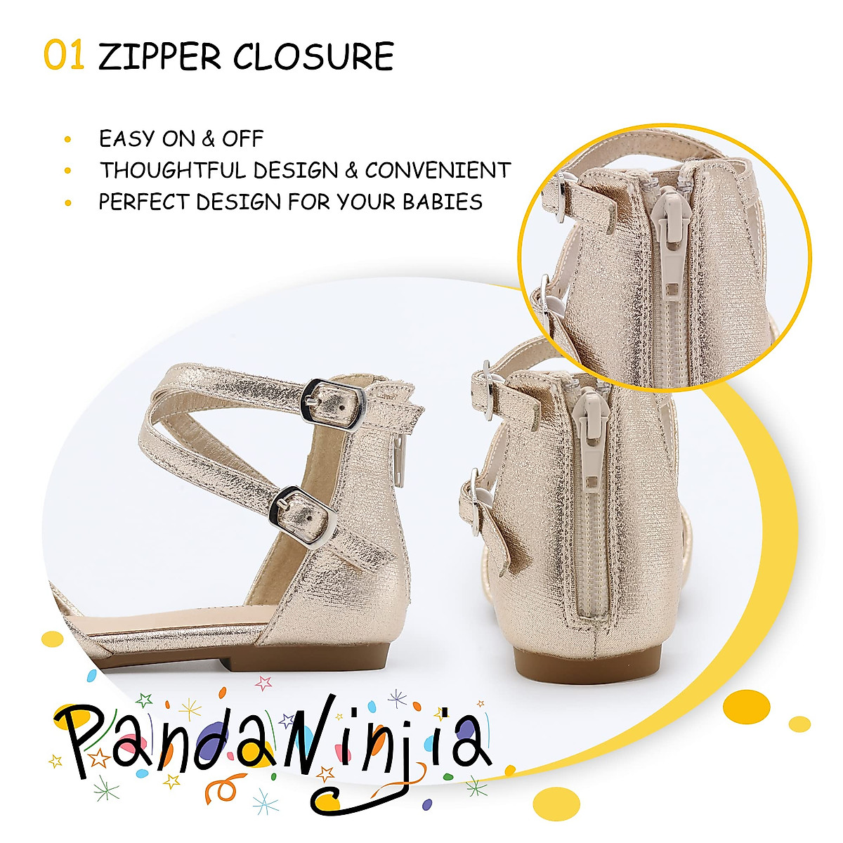 PANDANINJIA Girls Gold Dress Shoes Flats Wedding Party School Toddler Little Kids Ankle Strap Ballet Flats Sandals(Gold, 2 M US Little Kid)