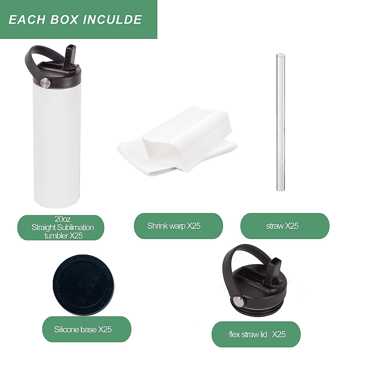 JKGTKC 25pack Flex straw lid 20oz Sublimation Tumbler Blanks Straight Skinny Double Wall Stainless Steel Cup With Lid for DIY