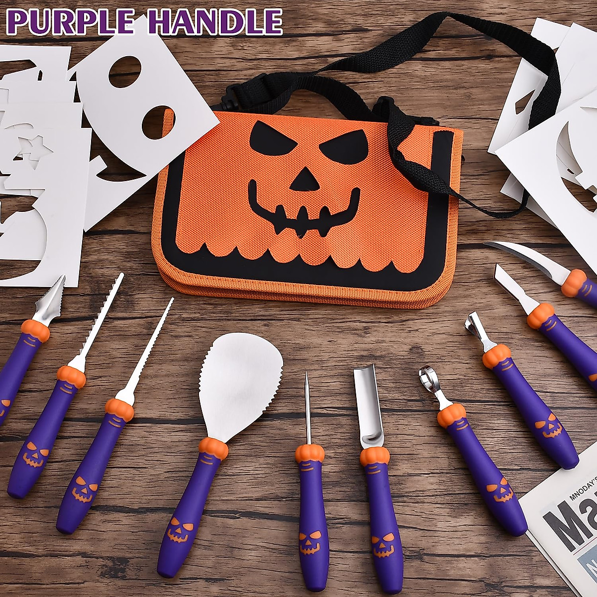 Unique Pumpkin Carving Kit Heavy Duty Stainless Steel Tools with Carrying Case (Total 21 Pieces) Pumpkin Carver Pumpkin Sculpting Set Halloween Party Decorating Gift for Adults (PURPLE)